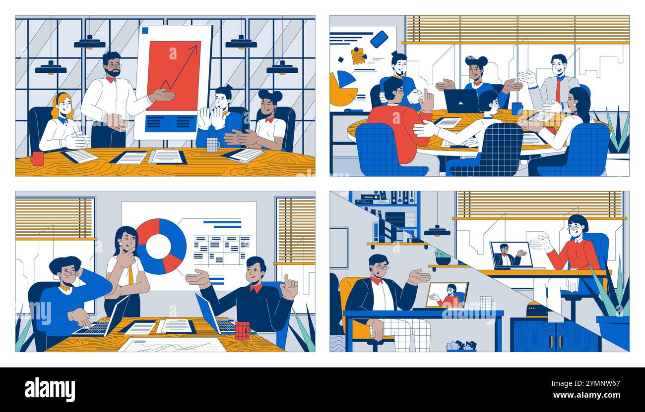 Teamwork meetings cartoon flat illustrations set Stock Vector Image ...