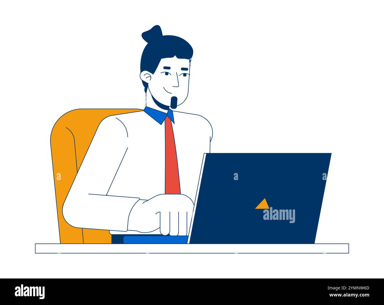 Positive office worker caucasian man typing laptop 2D cartoon character ...