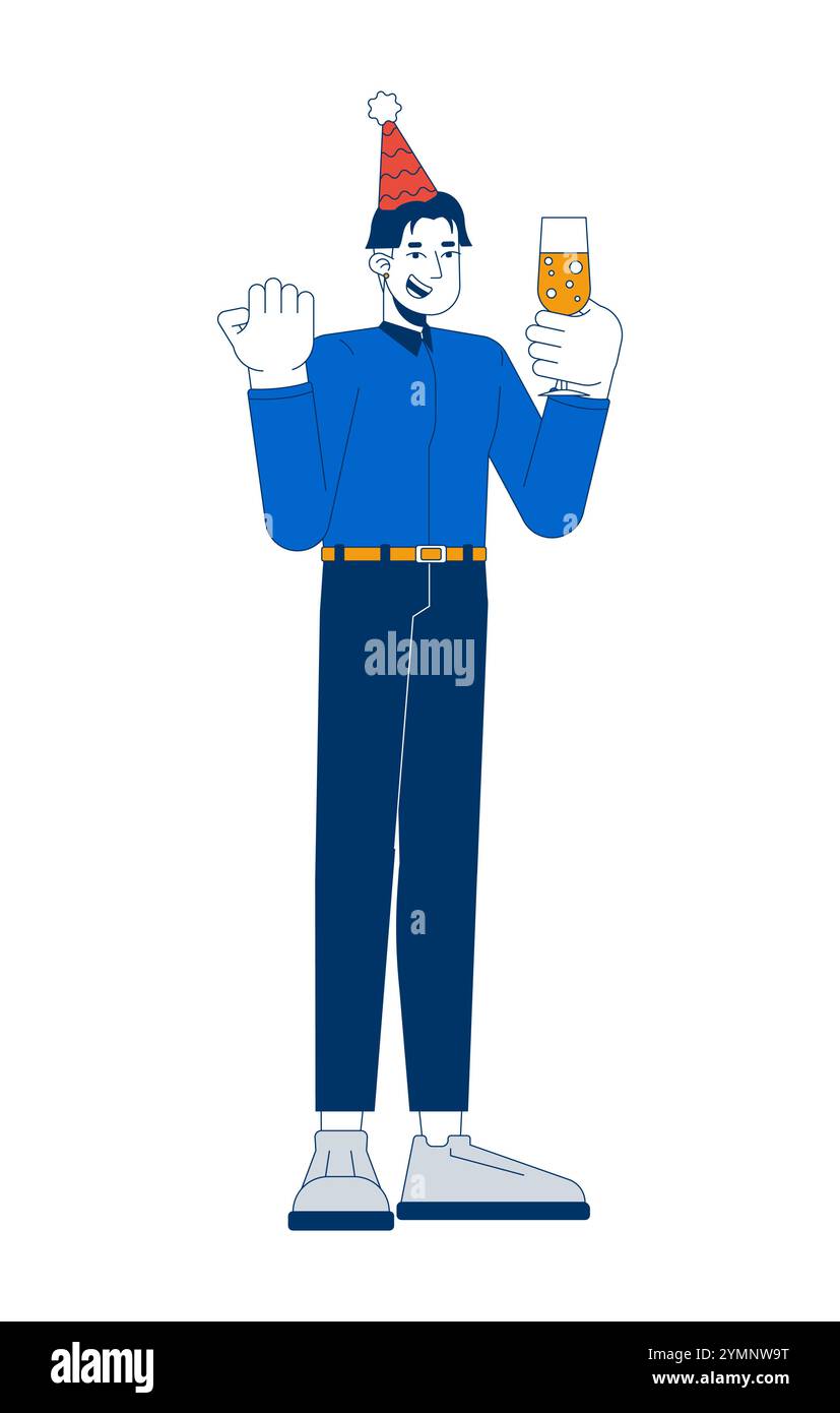 Korean office worker in party hat holding sparkling wine glass 2D ...