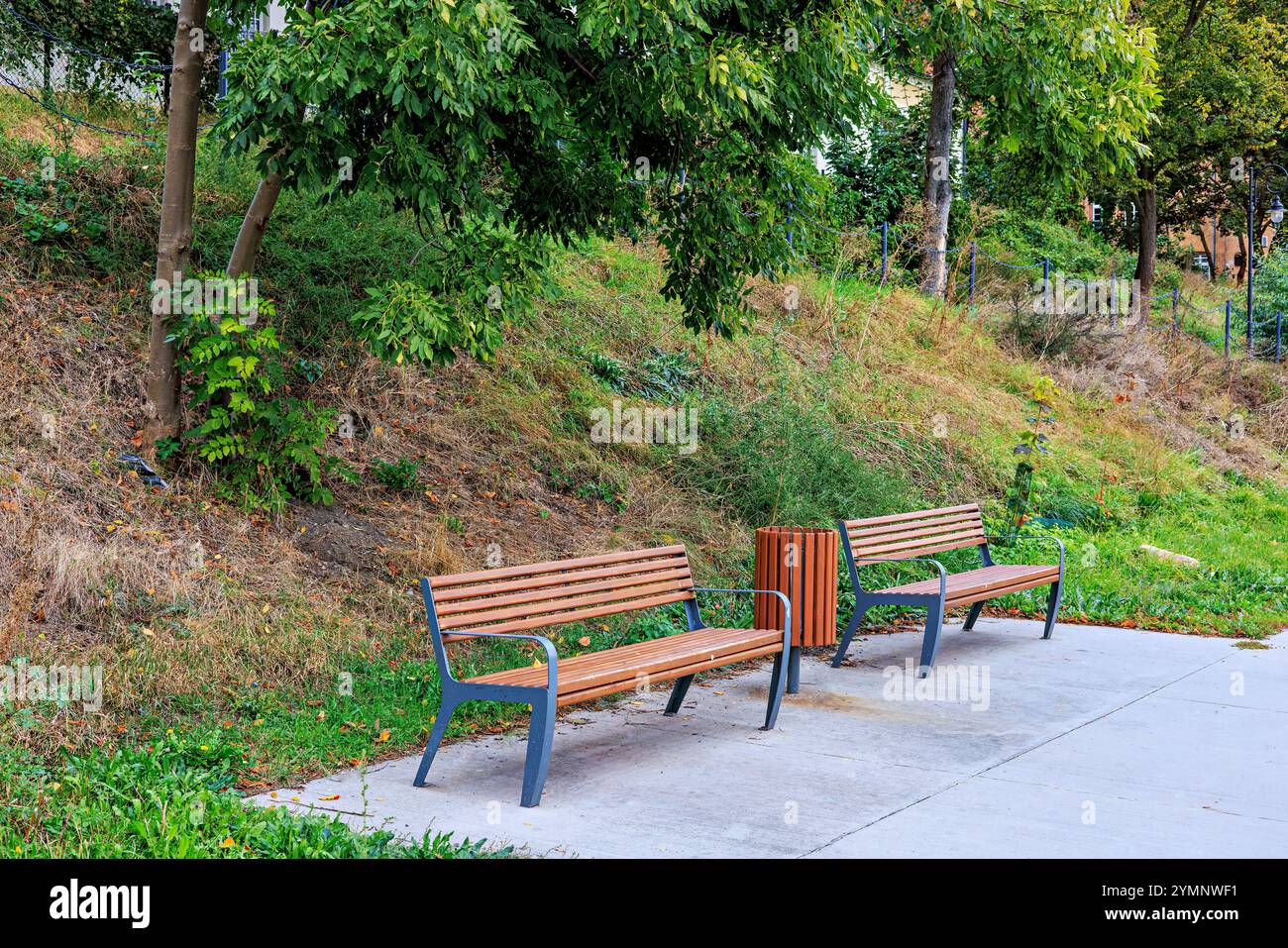 Two wooden benches and a trash bin on a path in a city park Stock Photo ...