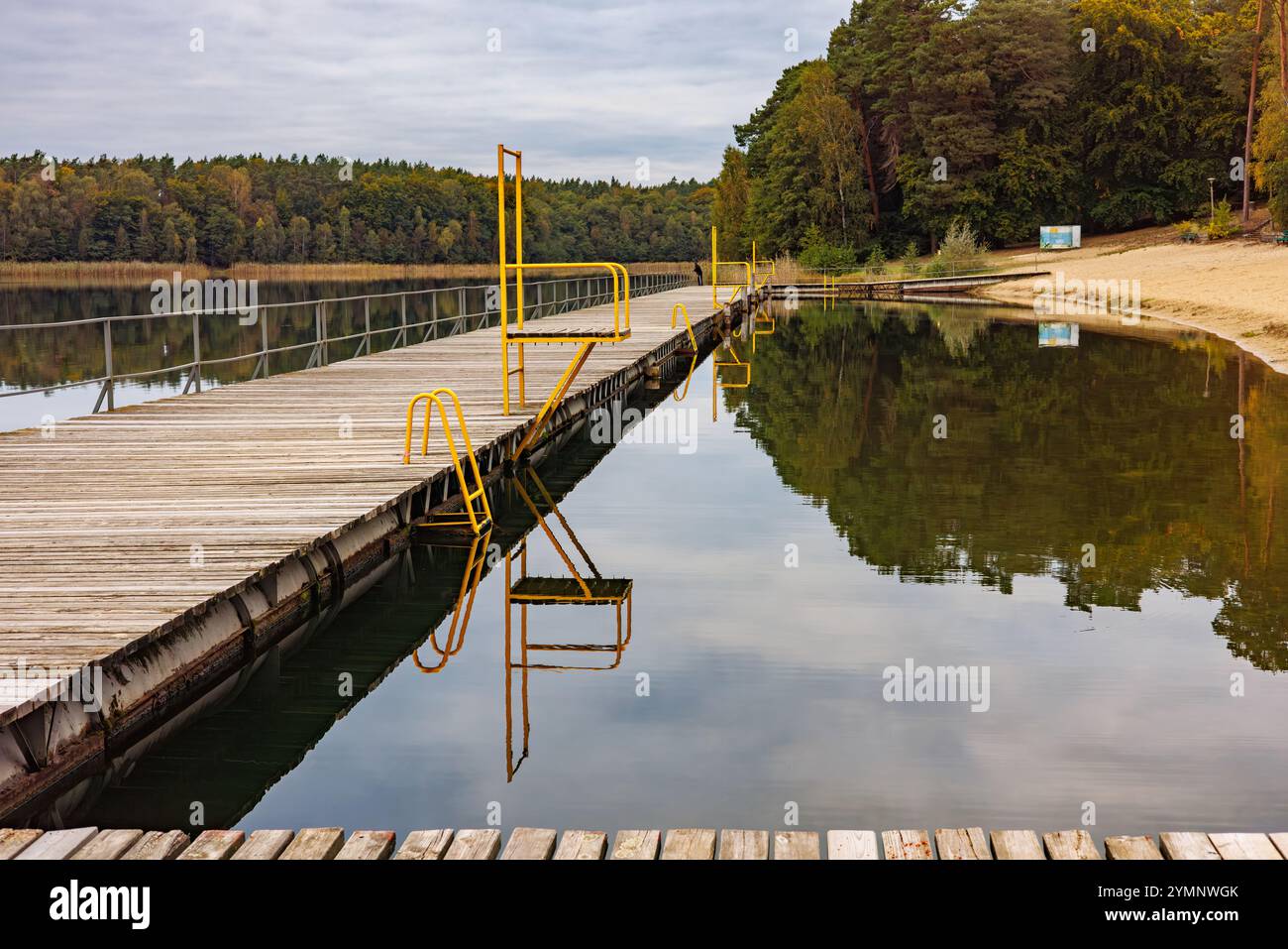 A deserted pier for swimming and jumping on a forest lake in autumn ...