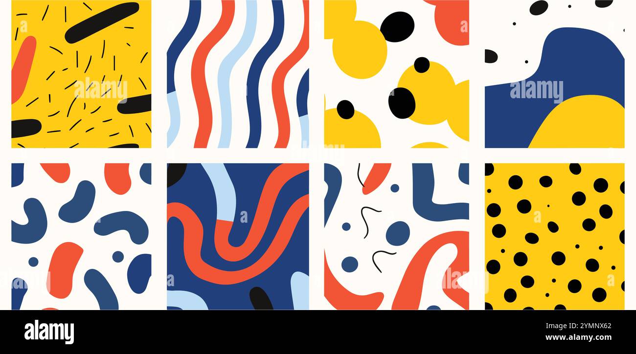 Colorful abstract doodle shape seamless pattern set. Creative minimalist style art background ...