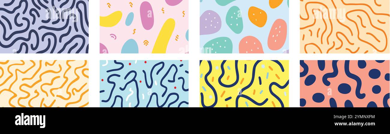 Colorful abstract doodle shape seamless pattern set. Creative ...