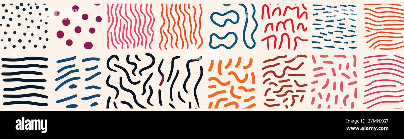 Colorful abstract doodle shape seamless pattern set. Creative ...