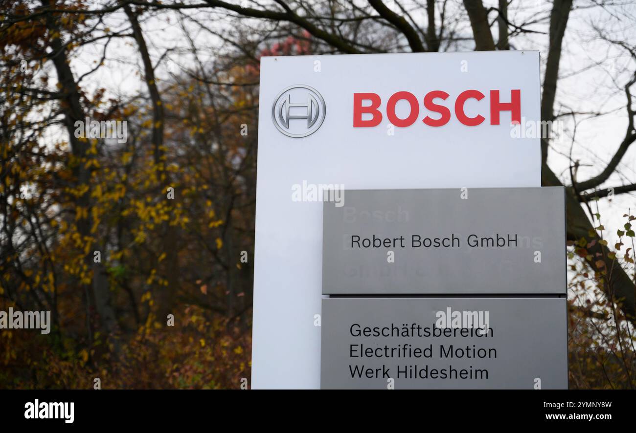 Signage stands at the entrance to the Bosch plant in Hildesheim ...