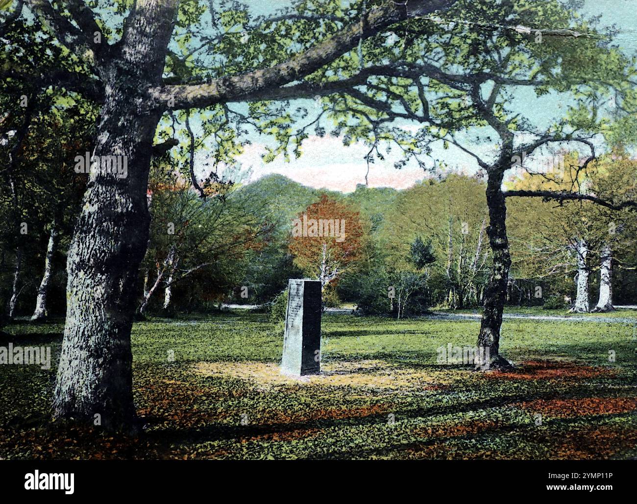 Rufus Stone, a monument in the New Forest, Hampshire, England. A colour ...