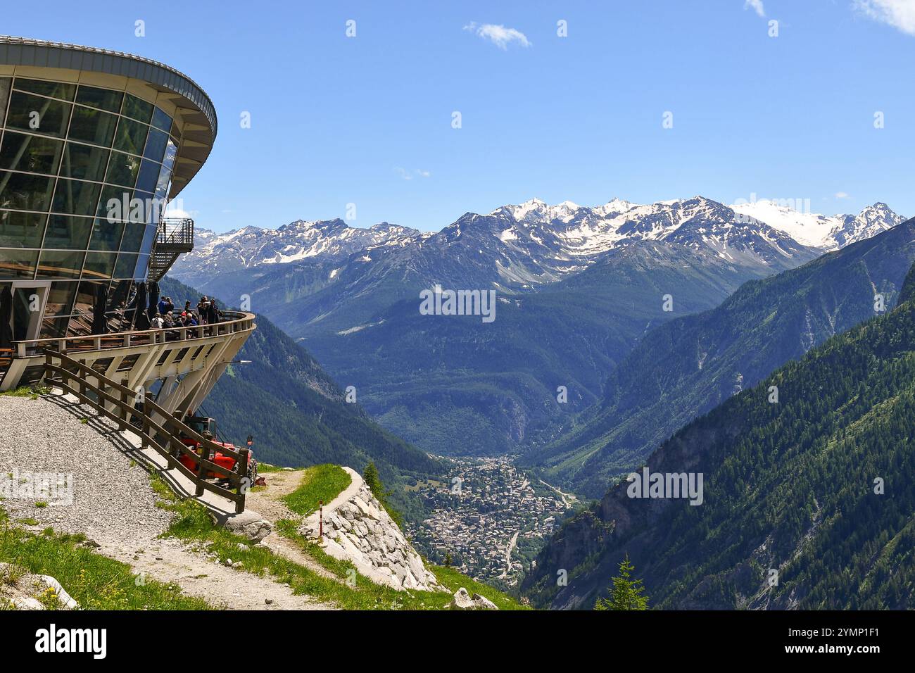 Elevated view of the Courmayeur valley from the Pavillon cable car ...