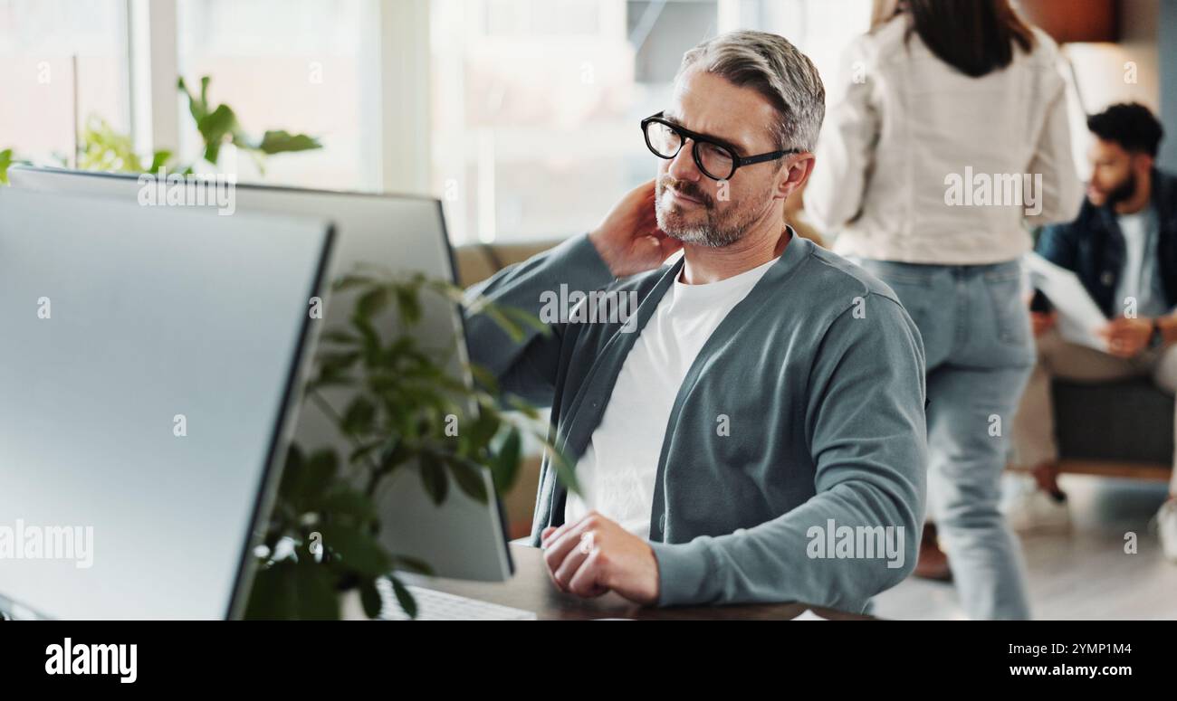 Business, computer and man with neck pain, muscle tension and stress in ...