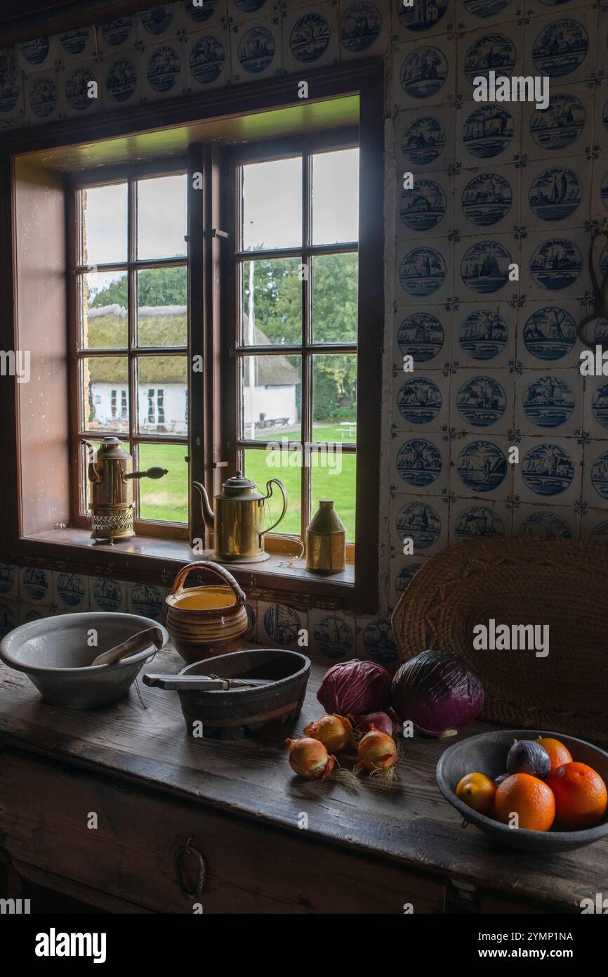 Rustic Kitchen Scene with Vintage Utensils and Fresh Produce Stock ...