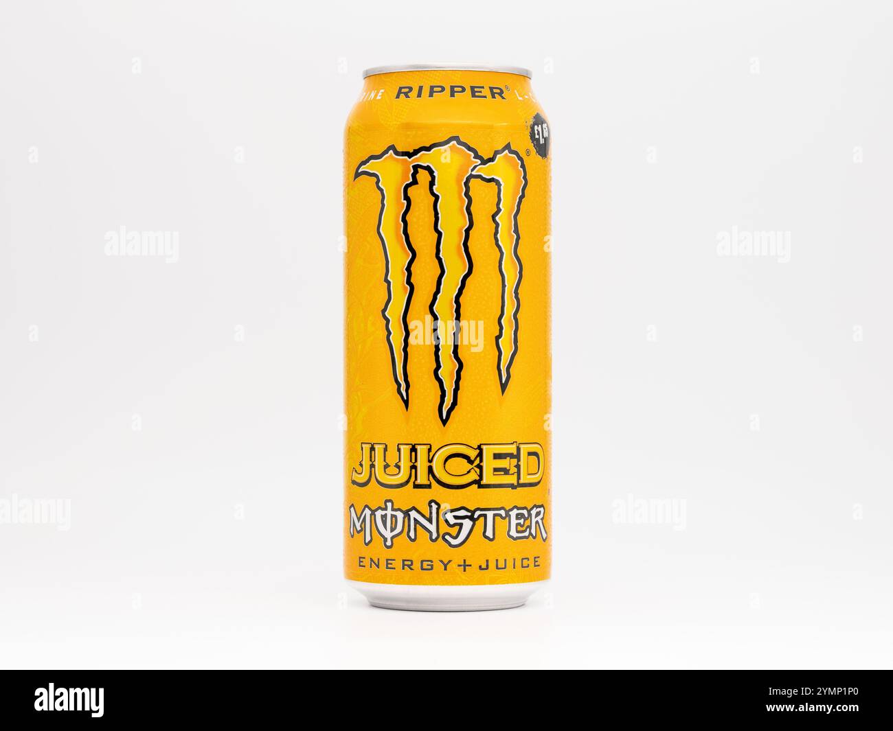 Monster Energy Juiced Ripper beverage. The can is yellow colored with ...