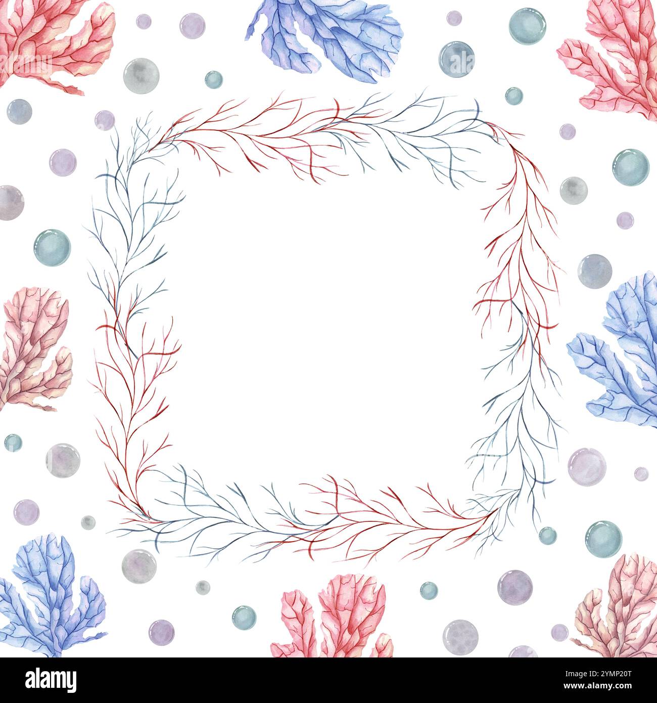 Undersea pink, blue corals, plants, water bubbles watercolor square ...
