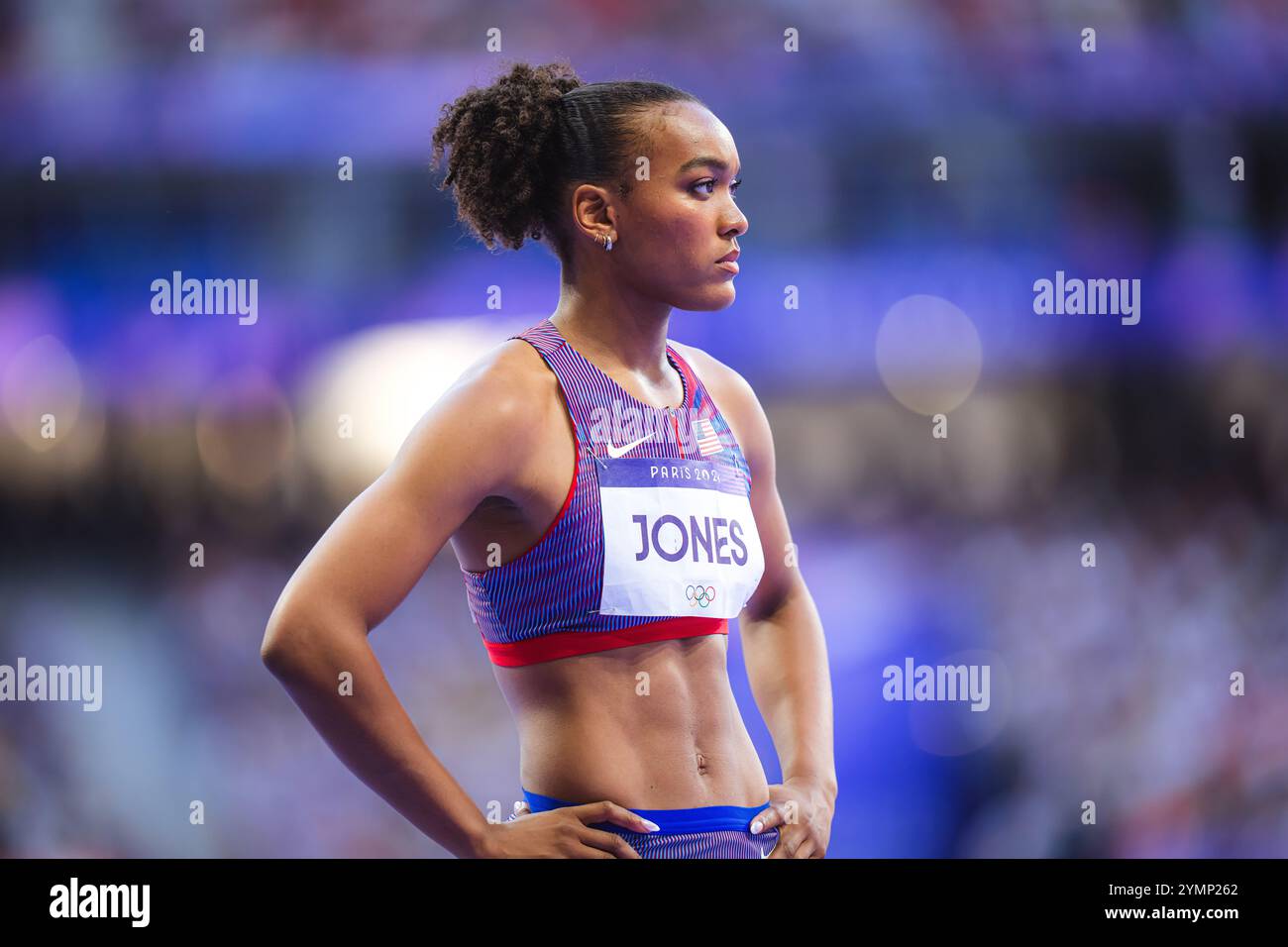 Jasmine Jones participating in the 400 meters hurdles at the Paris 2024 ...