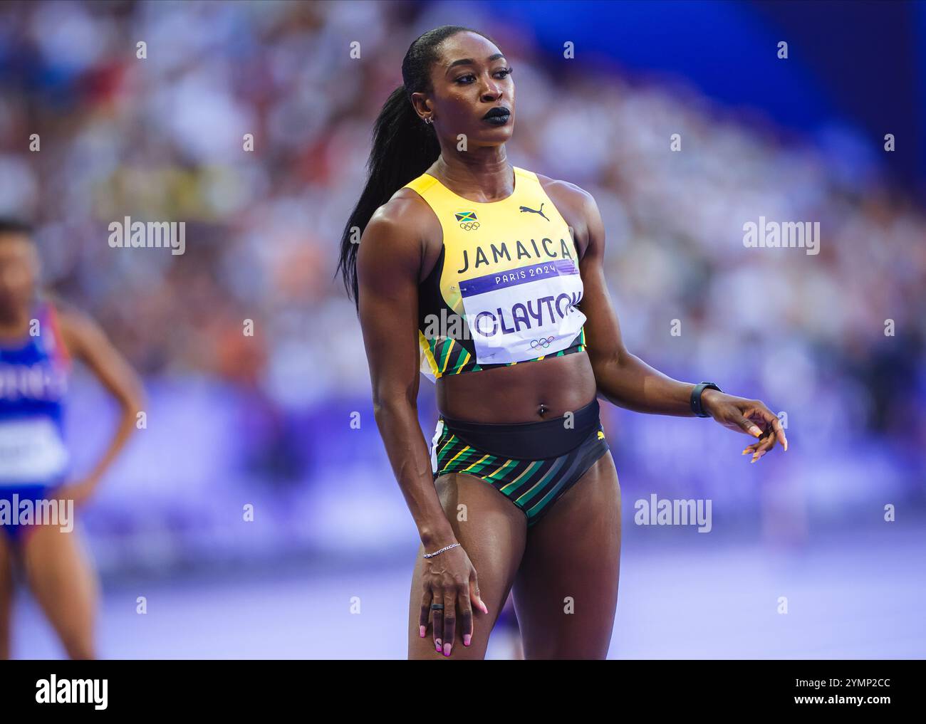 Rushell Clayton participating in the 400 meters hurdles at the Paris ...
