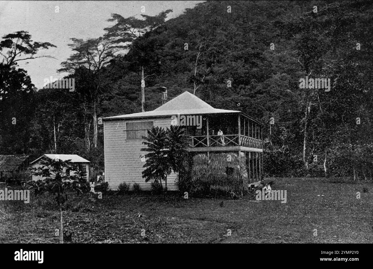 A wooden hut in a rural setting in Vailima, Samoa, where Robert Louis ...