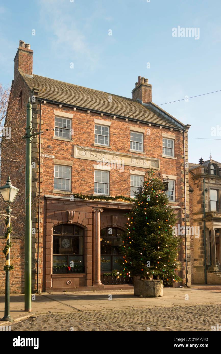 A Christmas tree in front of the Barclays Bank building at Beamish ...