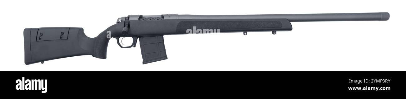 Bull barreled bolt action rifle with a synthetic stock and adjustable ...