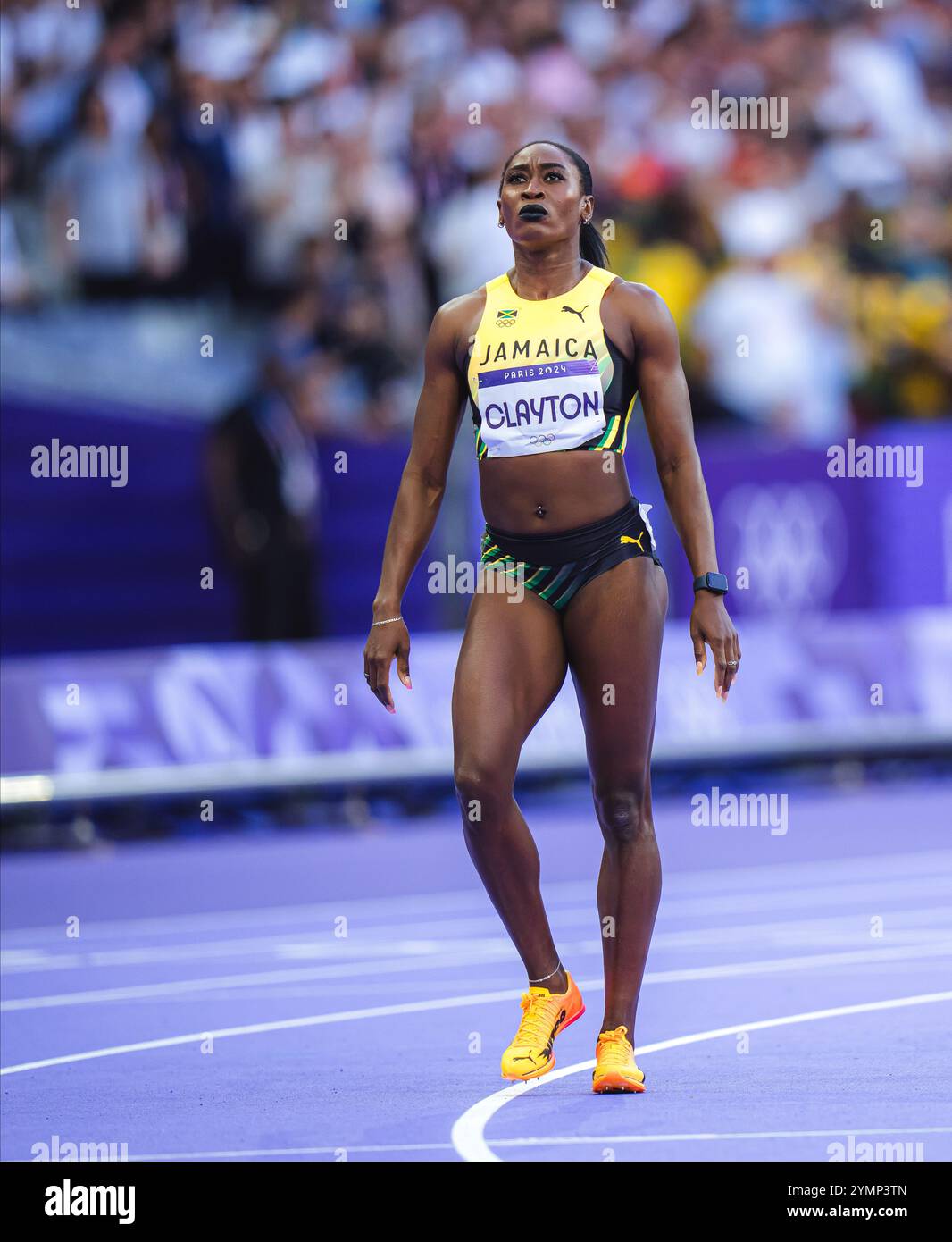 Rushell Clayton participating in the 400 meters hurdles at the Paris ...