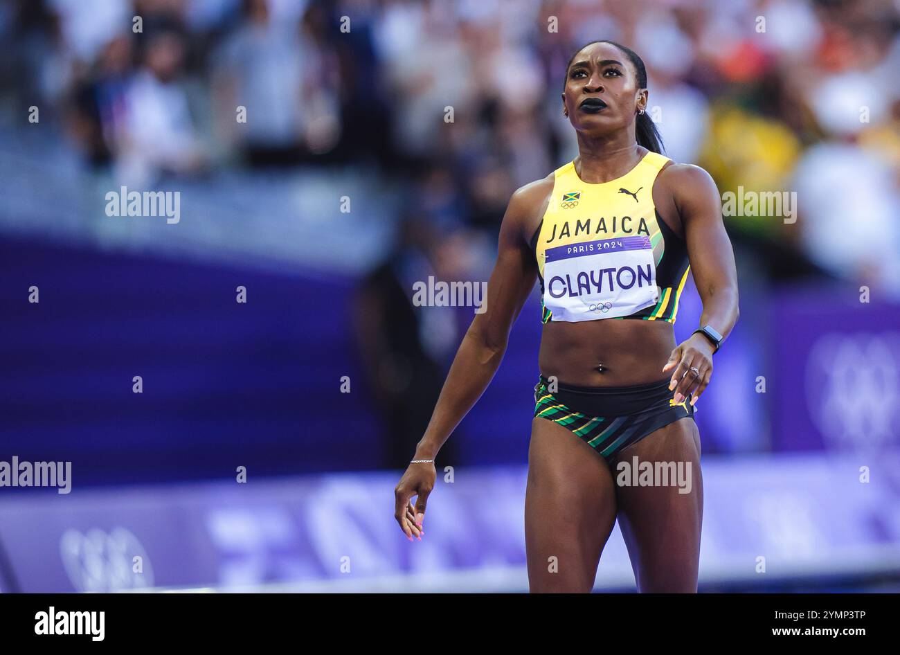 Rushell Clayton participating in the 400 meters hurdles at the Paris ...