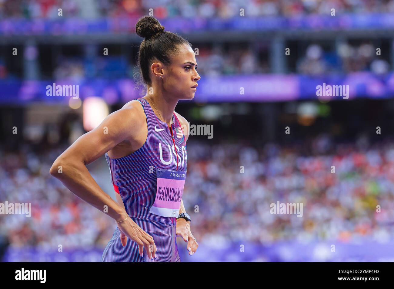 Sydney McLaughlin participating in the 400 meters hurdles at the Paris ...