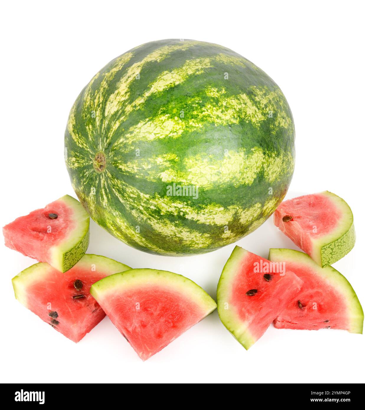 Ripe round watermelon and watermelons slices isolated on white ...