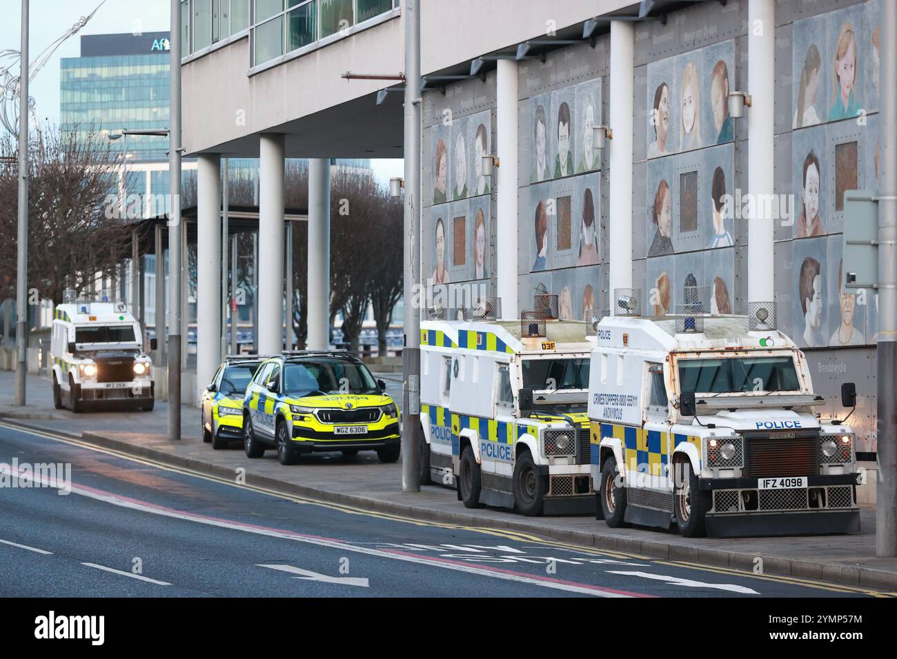 PSNI vehicles near Laganside Courts, Belfast, where the judgment in the ...