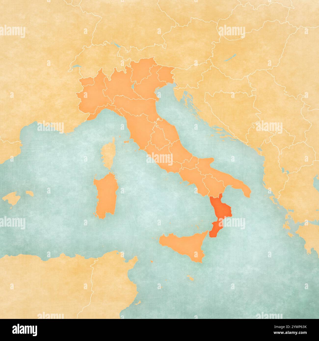 Calabria on the map of Italy in soft grunge and vintage style, like old ...