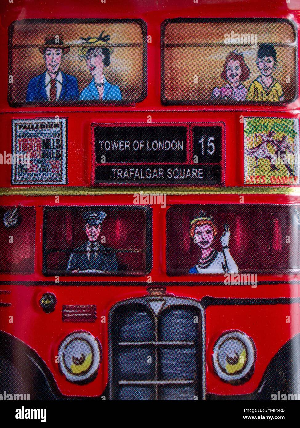 Close-up of double-decker London bus depiction on a tin, showing a ...