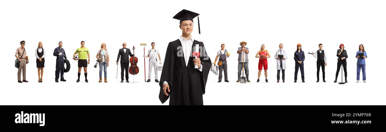 College graduate student in front of people with different professions ...