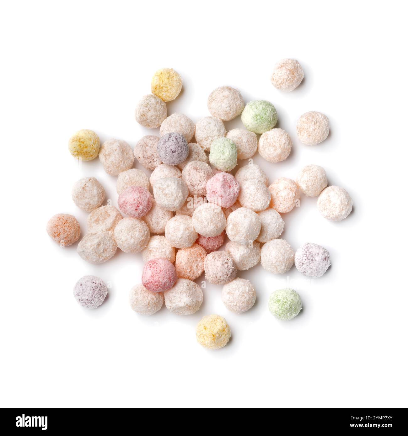 Heap of uncooked colorful tapioca pearls close up isolated on white ...
