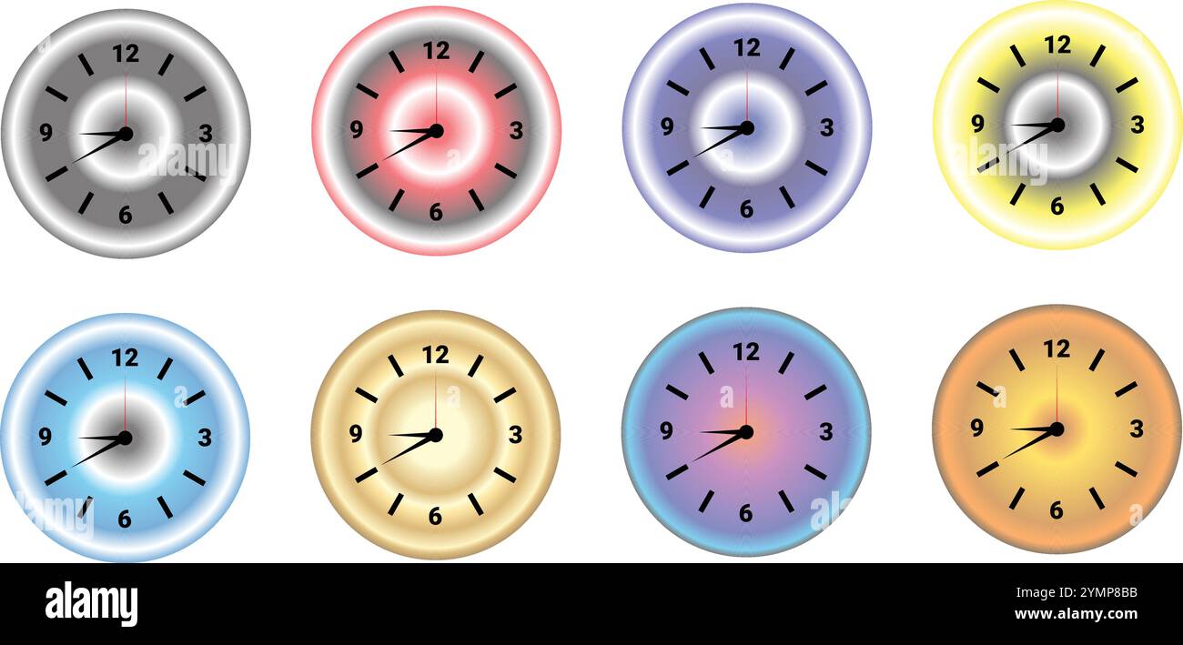 Colorful 8 Clocks Set - Clock icons logos set isolated on transparent ...