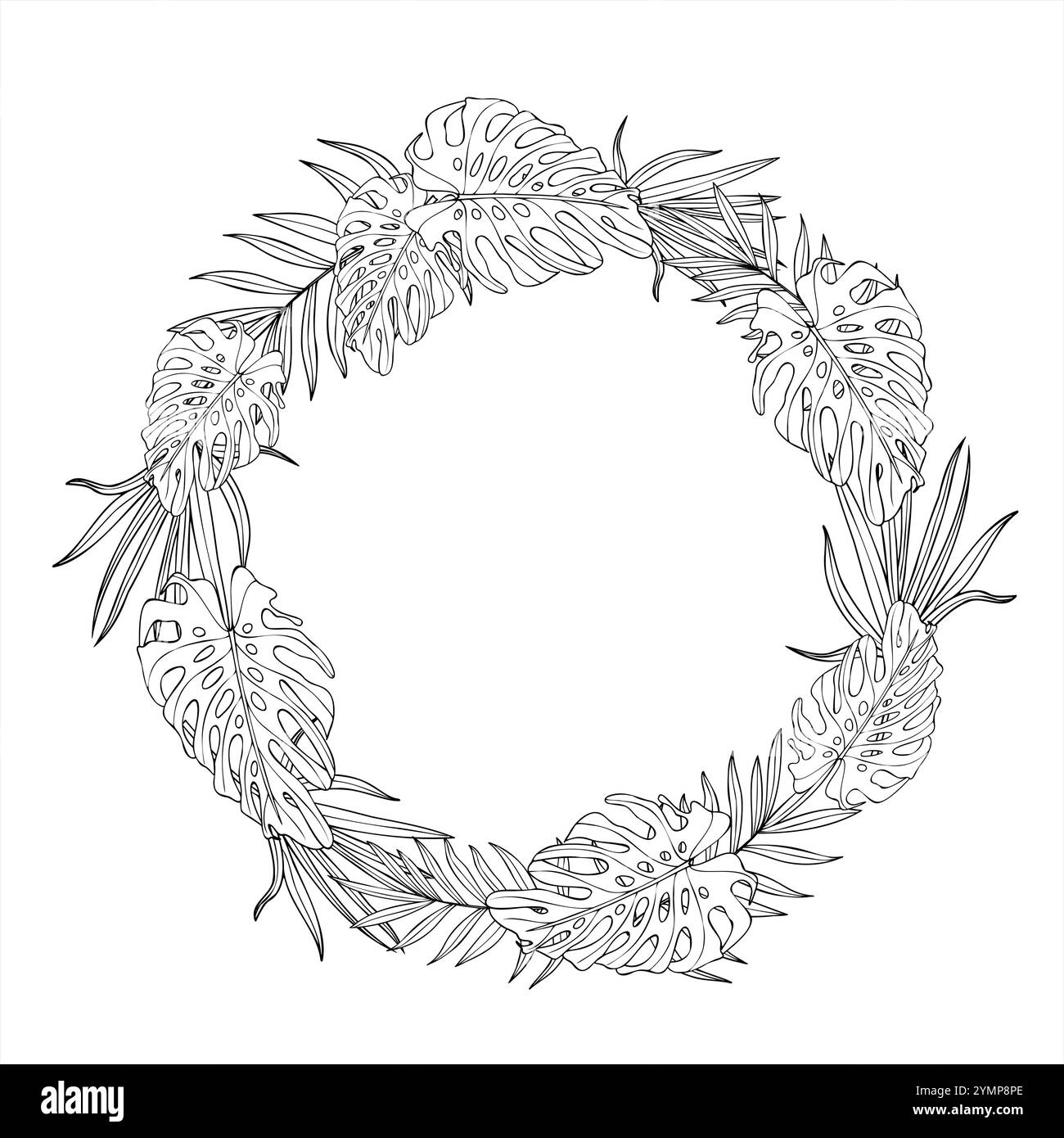 Vector monochrome monstera and palm plant vector wreath with empty ...