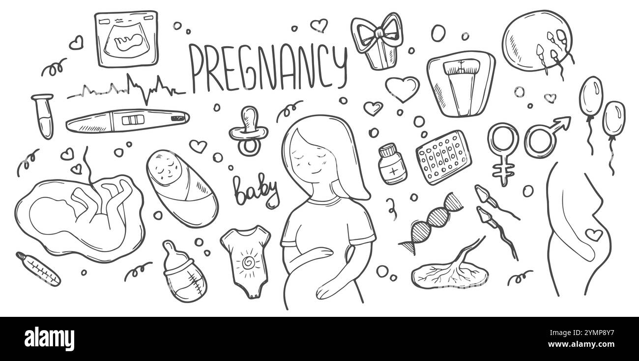 Pregnancy set. Hand-drawn cartoon collection. Doodle drawing. Vector ...