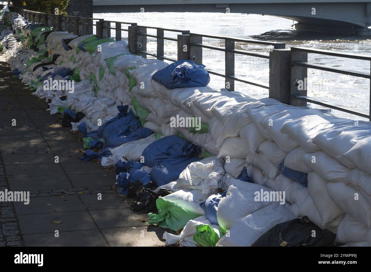 Reinforcement of river embankments with sandbags, flood risk in Poland ...