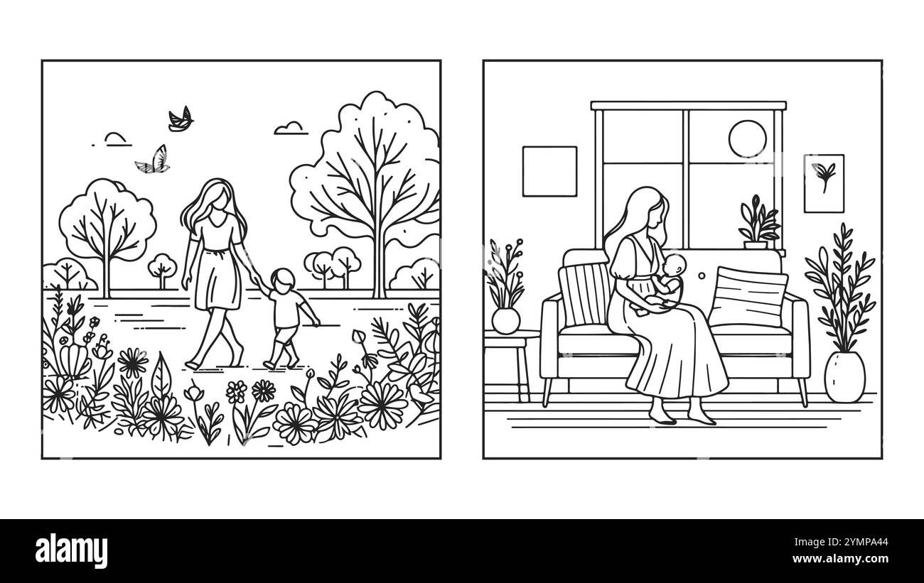 Mother and child spending quality time together line art drawing ...