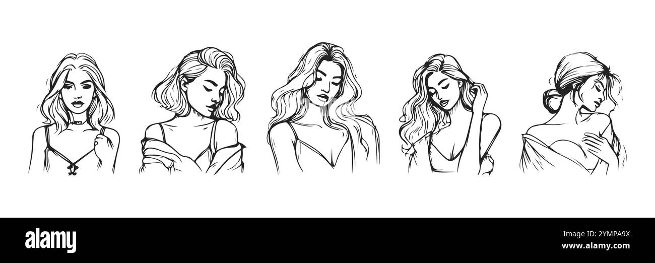 Hand drawn beautiful woman portrait sketch with multiple poses. Black ...