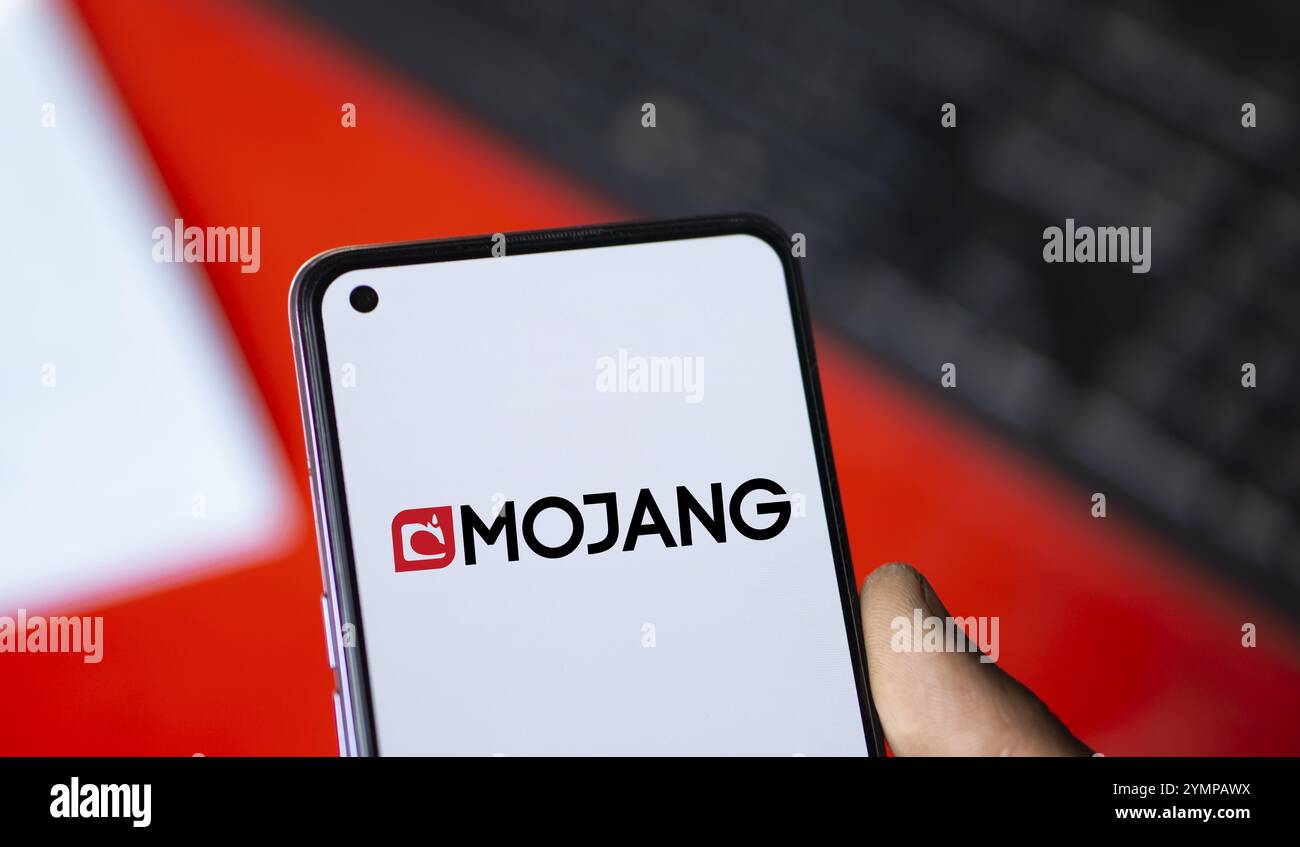 Mojang logo is displayed on smartphone. Mojang Studios is a Swedish ...