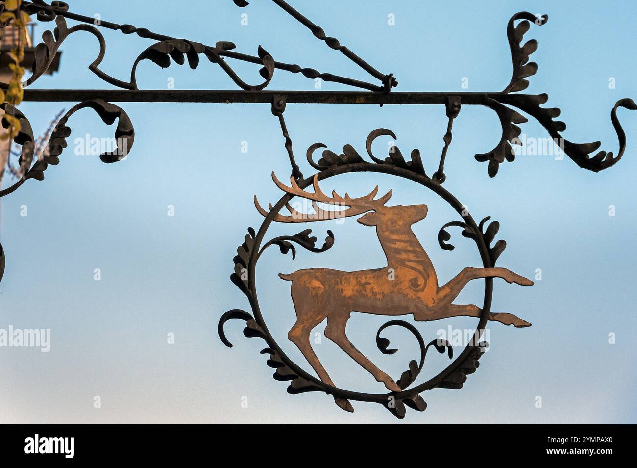 Nose sign with golden stag, historic old town, Bad forest lake, Upper ...
