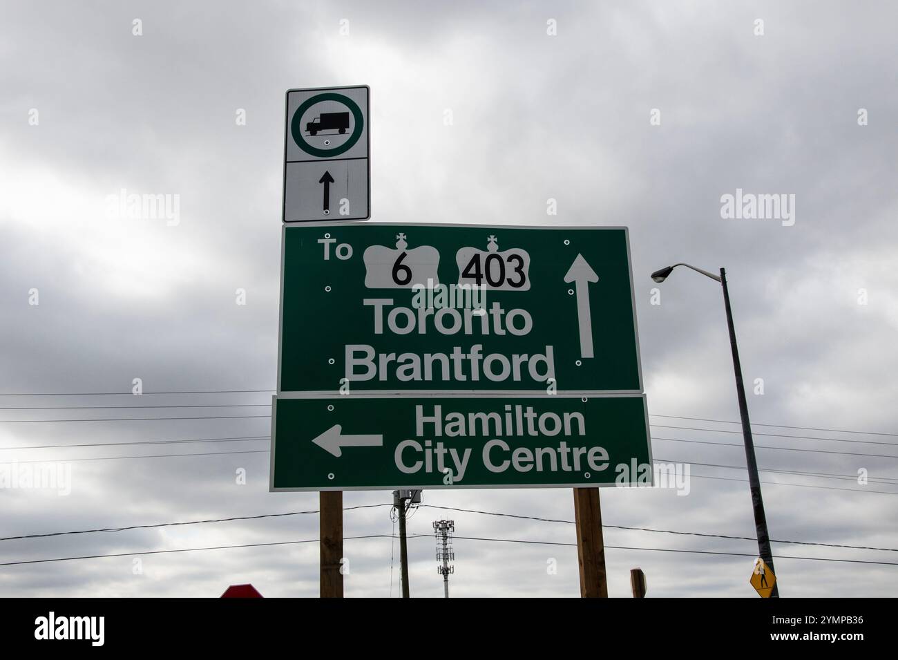 Directional traffic sign to Toronto and Brantford at Hamilton ...