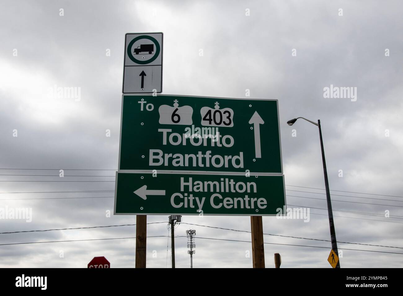 Directional traffic sign to Toronto and Brantford at Hamilton ...