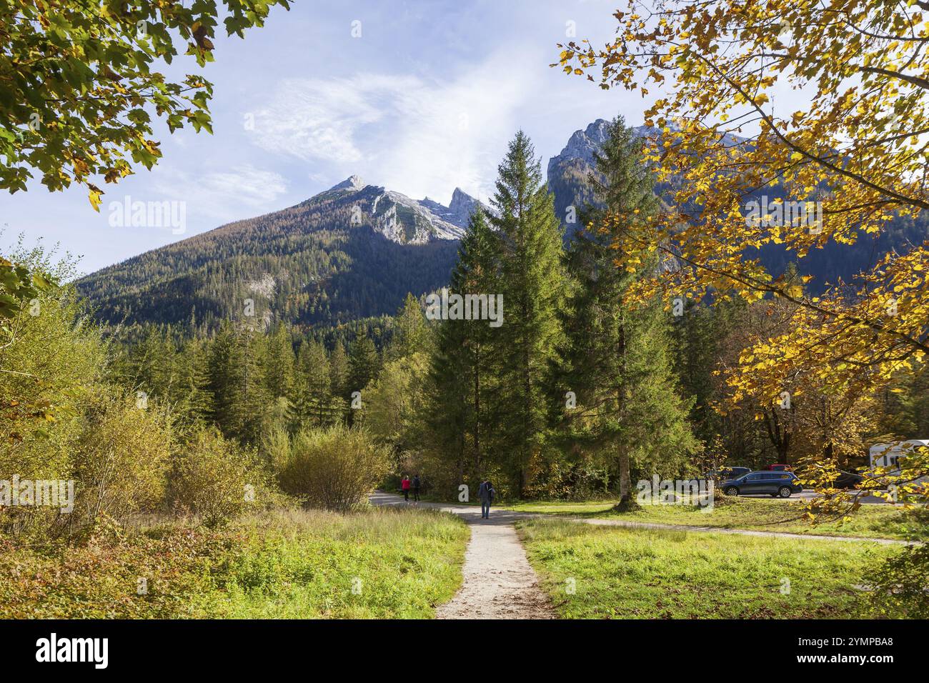 Hochkalter mountain range with forest and hiking trail at Hintersee in ...
