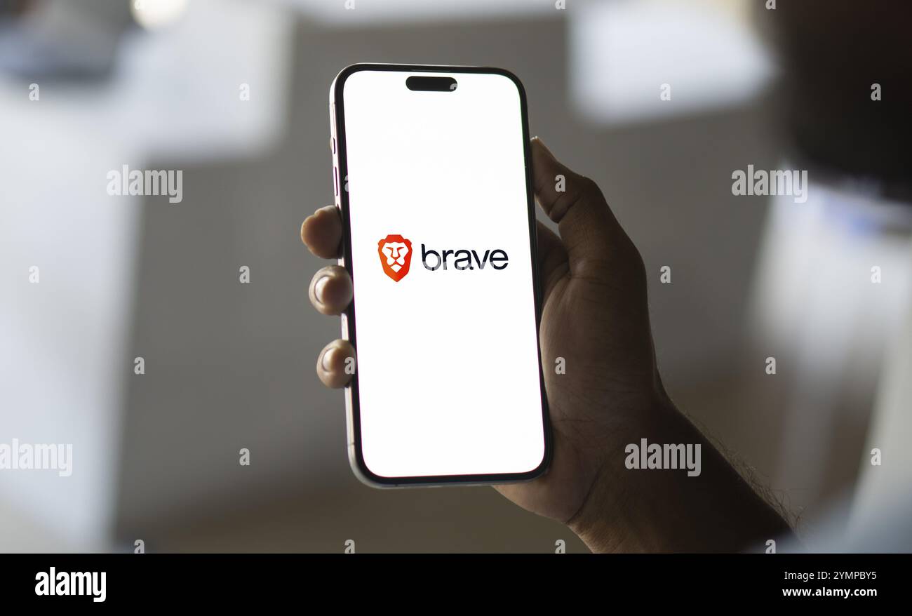 Brave browser logo on smartphone, Brave is a free, open-source wab ...