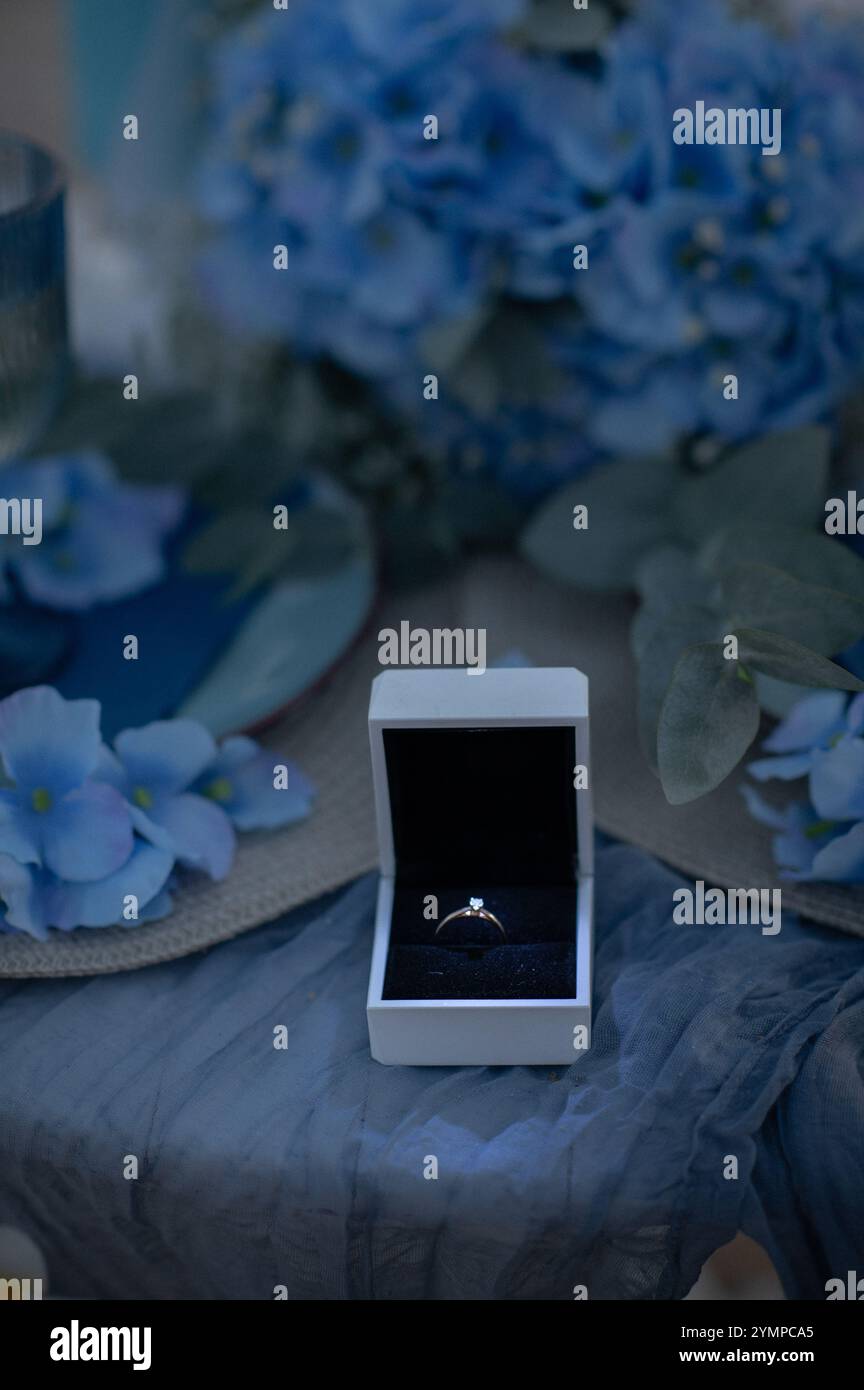 proposal ring on a hand and in the box Stock Photo - Alamy