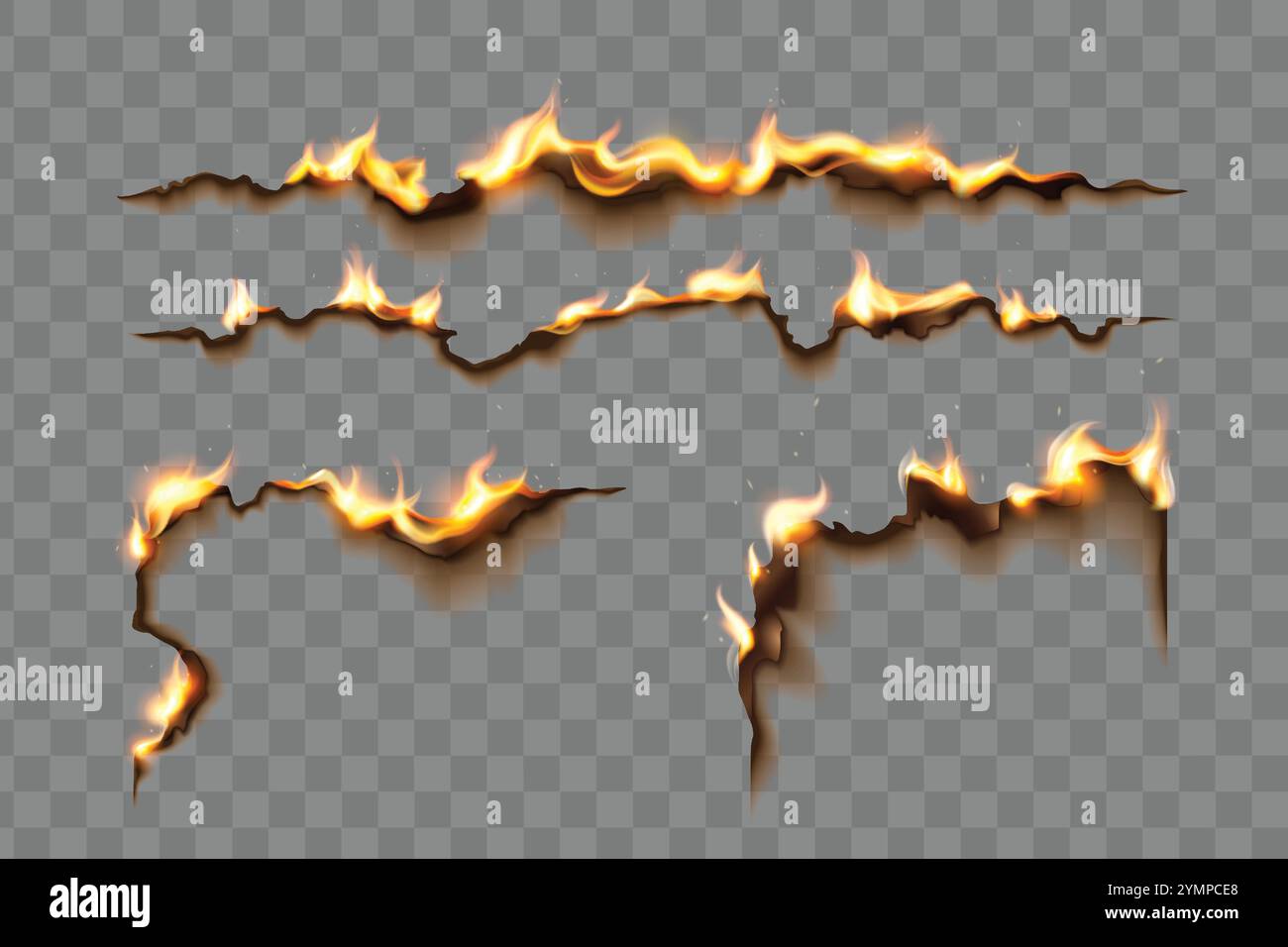 Burning paper edges with glowing flames and dark scorched borders on ...