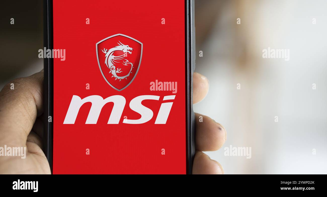 Msi logo is displayed on smartphone. MSI is a Taiwanese multinational ...