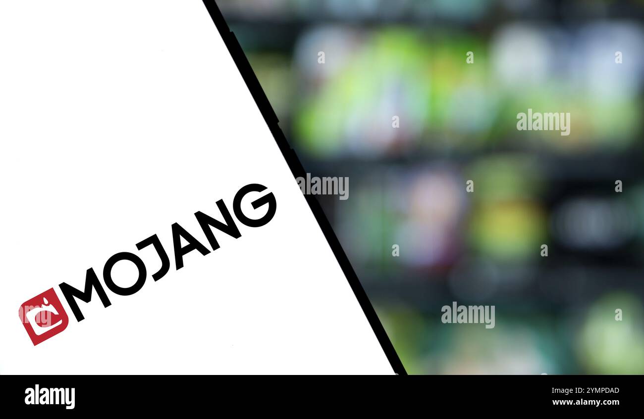 Mojang logo is displayed on smartphone. Mojang Studios is a Swedish ...