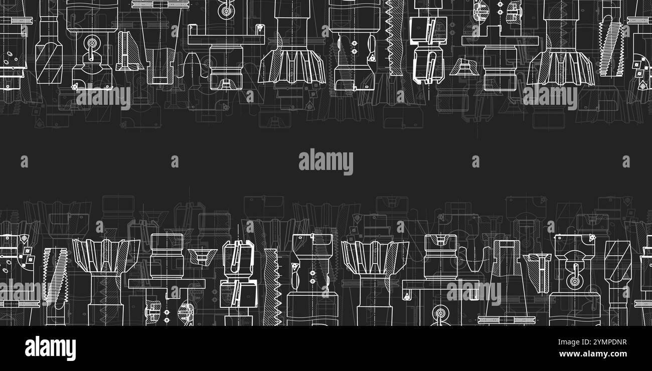 Mechanical engineering drawings on black background. Tap tools, borer ...