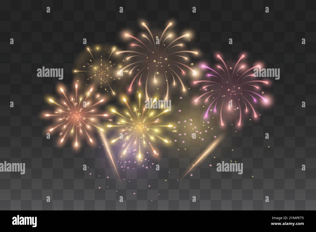 Gold, pink, festive fireworks on transparent background. Vector ...