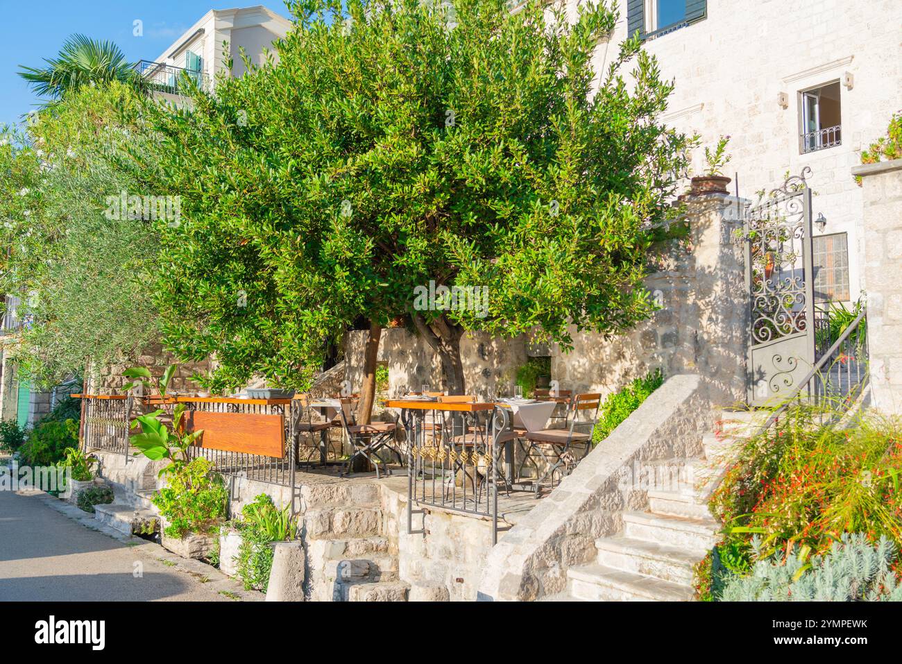 A family outdoor cafe with shaded trees, stone walls, and cozy tables ...