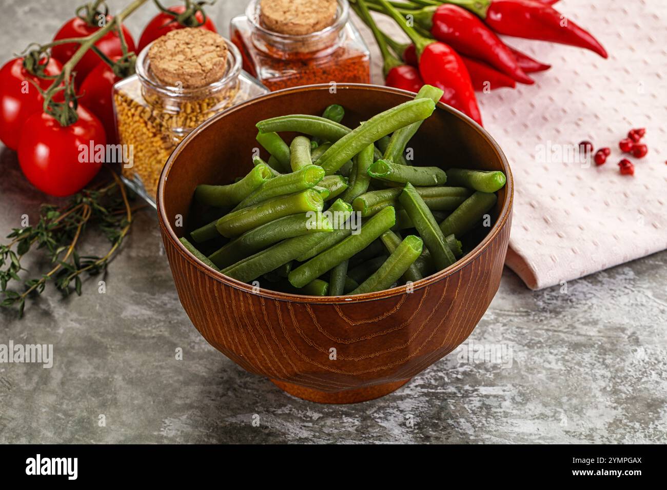 Vegan cuisine - boiled green bean snack Stock Photo - Alamy
