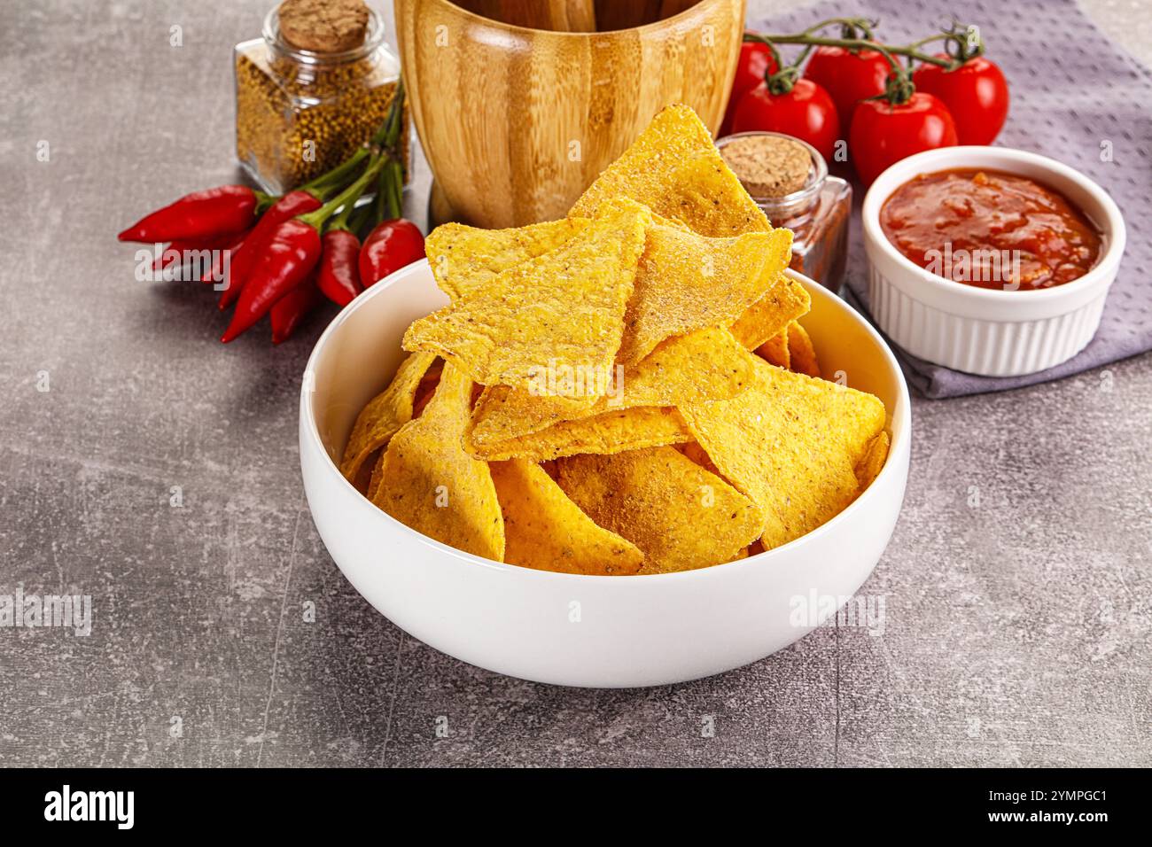 Mexican corn nachos chips with salsa dip Stock Photo - Alamy